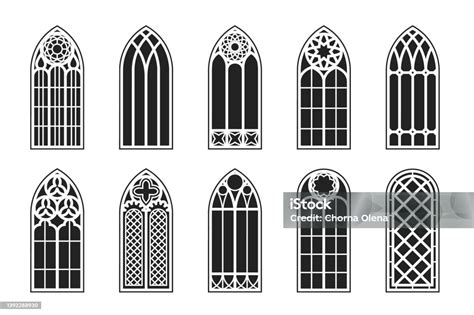 고딕 양식의 창 윤곽선 집합입니다 빈티지 스테인드 글라스 교회 프레임의 실루엣 전통적인 유럽 건축의 요소 벡터 고딕 양식에 대한