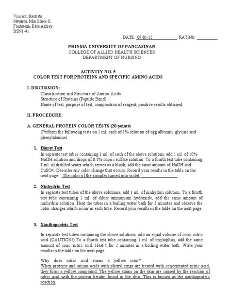 Lab Activity 5 Color Test For Proteins And Specific Amino Acids Pdf