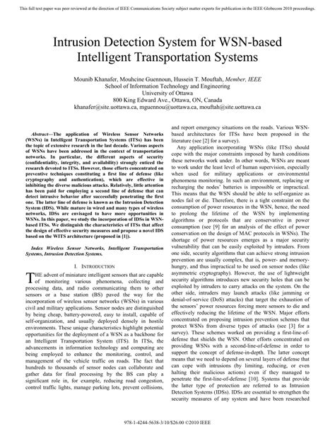 Pdf Intrusion Detection System For Wsn Based Intelligent Transportation Systems