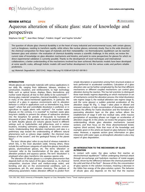 Pdf Aqueous Alteration Of Silicate Glass State Of Knowledge And Perspectives