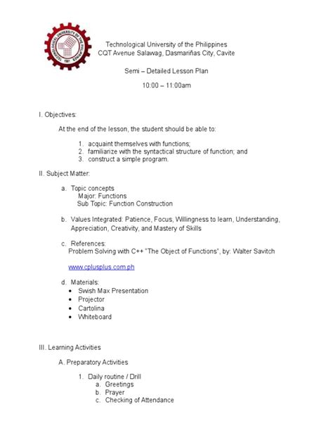 Functions Lesson Plan Pdf Subroutine Parameter Computer