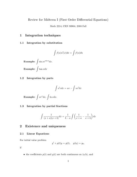 Review For Midterm Exam 1 Introduction To Differential Equations Math 2214 Docsity