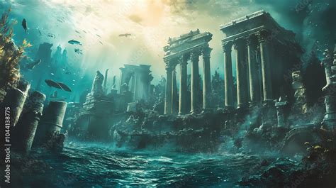 Underwater Landscape Of A Submerged City With Columns And Temples In