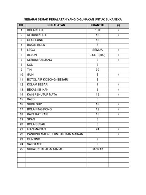 Senarai Peralatan Yang Digunakan Untuk Sukaneka Pdf