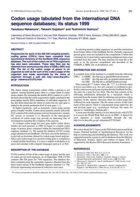 PDF Codon Usage Tabulated From The International DNA Sequence Databases Its Status 1999