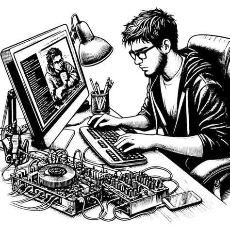 Programmer Working On Computer Hardware With Code On Screen Black And