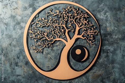 Intricate Wooden Tree Of Life With Yin Yang Symbol Design On Textured Background Stock Photo
