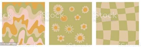 파스텔 색상은 3 가지 패턴 세트입니다 복고풍 패턴 줄무늬 꽃 사각형 베이지 벡터 그림 강렬하고 밝은 색상에 대한 스톡 벡터
