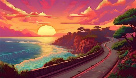 Pixelated Coastal Road At Sunset Pixel Art Scene With A Twolane Road