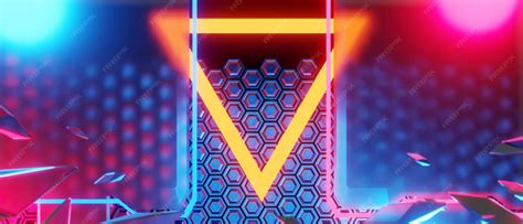 E스포츠 공상과학 게임 사이버펑크 Vr 가상 현실 시뮬레이션 및 메타버스 장면 스탠드 페데스탈 무대 3d 그림 렌더링 미래형 네온 글로우 룸의 추상 배경 비디오 게임