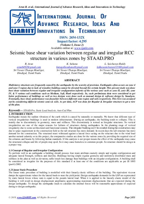 Pdf Seismic Base Shear Variation Between Regular And Irregular Rcc Structure In Various Zones