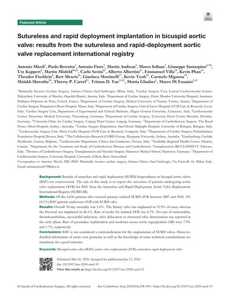 Pdf Sutureless And Rapid Deployment Implantation In Bicuspid Aortic Valve Results From The