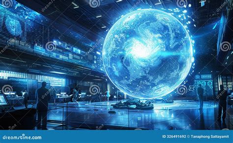 Futuristic Control Room With Holographic Earth A Futuristic Control Room With A Large