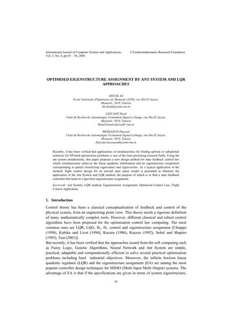 Pdf Optimised Eigenstructure Assignment By Ant System · Optimised