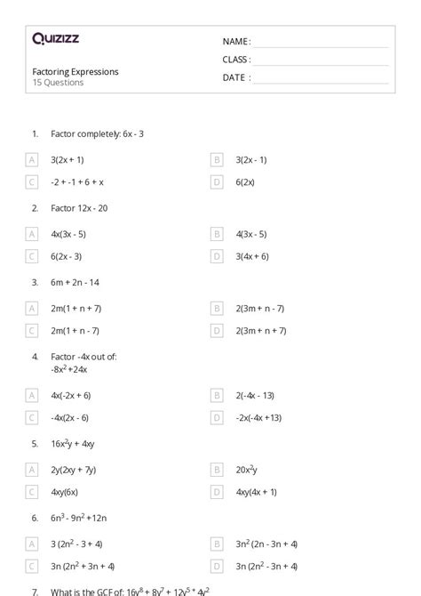 50 Factoring Expressions Worksheets For 7th Grade On Quizizz Free