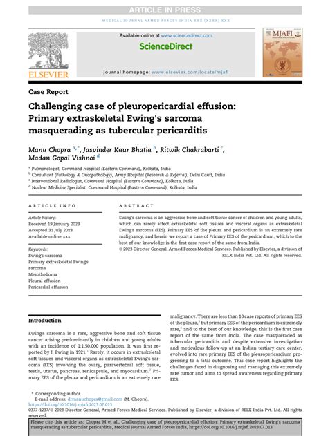 Pdf Challenging Case Of Pleuropericardial Effusion Primary Extraskeletal Ewings Sarcoma