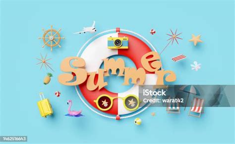 구명 부표 해변 의자 공 우산 비행기 풍선 플라밍고 코코넛 야자수 불가사리 파란색으로 격리된 파인애플이 있는 여름 여행 개념 추상 배경 3d 그림 또는 3d 렌더링 3차원