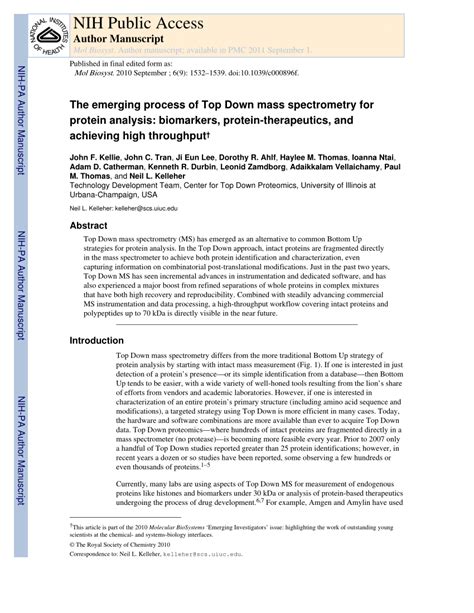 Pdf The Emerging Process Of Top Down Mass Spectrometry For Protein Analysis Biomarkers