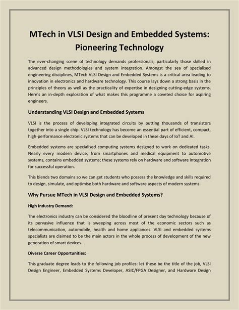 Ppt Mtech In Vlsi Design And Embedded Systems Pioneering Technology