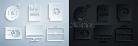 Set Computer Monitor Screen User Manual Board With Graph Chart Briefcase Clipboard Resume