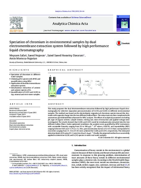 Pdf Speciation Of Chromium In Environmental Samples By Dual Electromembrane Extraction System