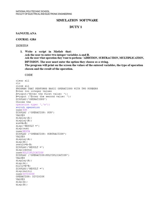 Sum Subtract Multiplication Division In Matlab Pdf Matlab
