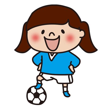 サッカーボールに足を乗せてポーズをとる子供（女の子）の無料フリーイラスト かわいい手描きの無料素材「てがきっず」保育園・小学校・介護