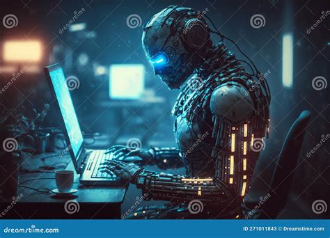 Ai Robot Working With Computer Futuristic Humanoid Worker Generative Ai Stock Illustration