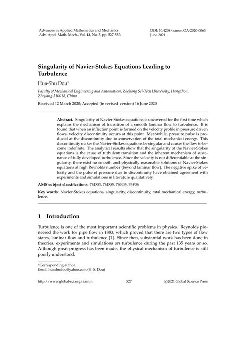 Global Science Press Singularity Of Navier Stokes Equations Leading To
