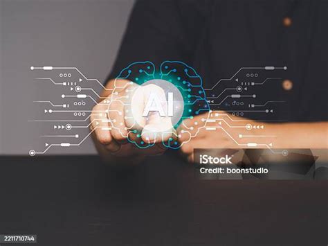 빛나는 두뇌 인터페이스 미래 지향적인 디자인과 상호 작용하는 인간의 손이 있는 Ai 기술 개념 가상현실에 대한 스톡 사진 및 기타 이미지 Istock