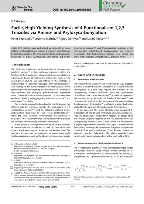 Pdf Facile High‐yielding Synthesis Of 4‐functionalised 123‐triazoles Via Amino‐ And