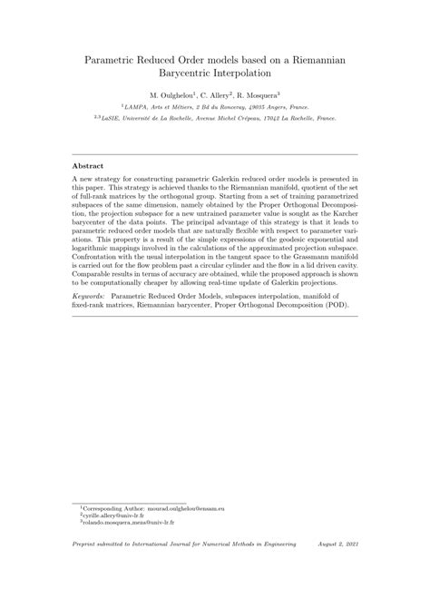 Pdf Parametric Reduced Order Models Based On A Riemannian Barycentric Interpolation