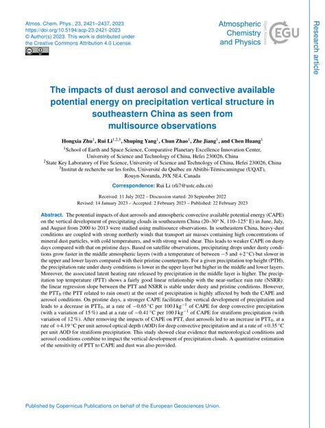 Pdf The Impacts Of Dust Aerosol And Convective Available Potential Energy On Precipitation
