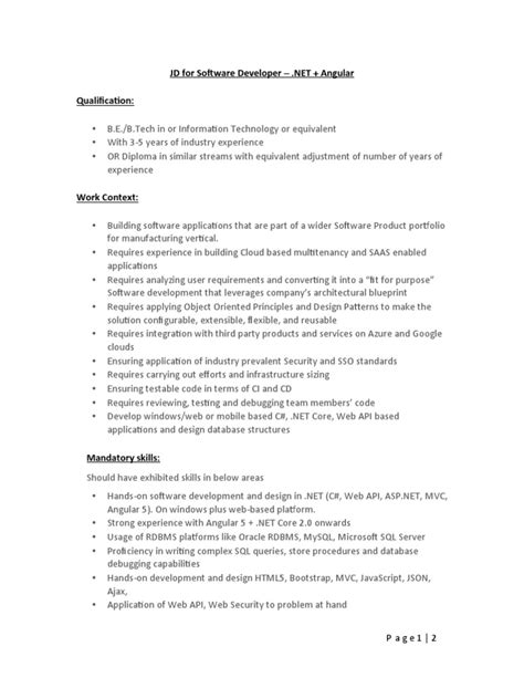 Jd Software Developer Net Angular Pdf Web Application
