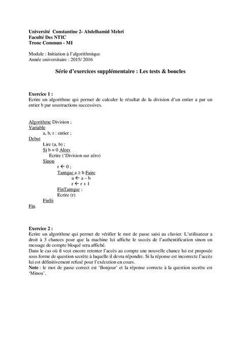 Algo serie exercices supplementaire Université Constantine Abdelhamid Mehri Faculté Des