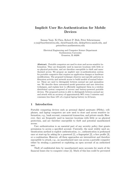 Pdf Implicit User Re Authentication For Mobile Devices