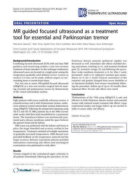Pdf Mr Guided Focused Ultrasound As A Treatment Tool For Essential And Parkinsonian Tremor