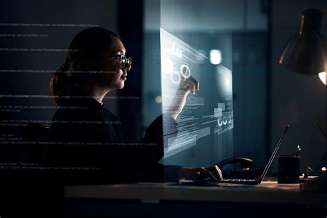 Premium Photo Futuristic Hologram And Laptop With Business Woman At