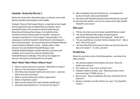 aqa macbeth revision activity plot summary and questions on act 1