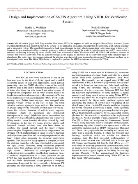 Design And Implementation Of Anfis Algorithm Using Vhdl For Vechicular