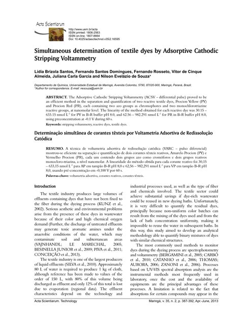 Pdf Simultaneous Determination Of Textile Dyes By Adsorptive Cathodic Stripping Voltammetry
