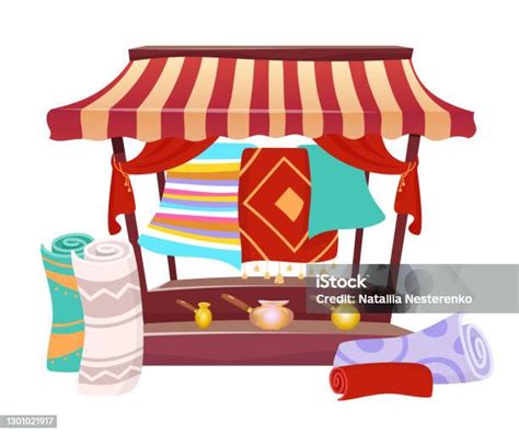 바자는 수제 카펫 만화 벡터 일러스트레이션으로 차양을 거래합니다 동부 시장 텐트 기념품캐노피 페르시아 양탄자 플랫 컬러 오브젝트 흰색 배경에 고립 된 아시아 페어 윤곽