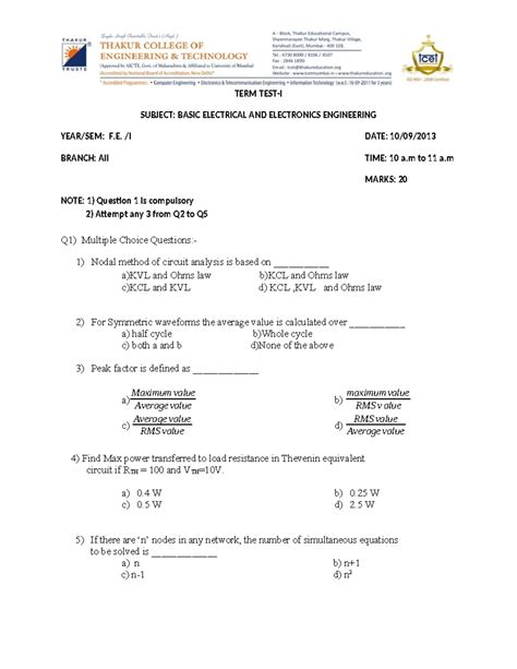 Bee 101 Practice Test Paper 1 For Basic Electrical Engineering Studocu