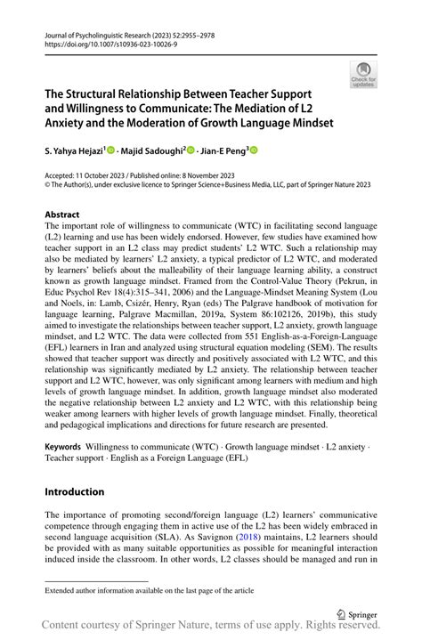 The Structural Relationship Between Teacher Support And Willingness To Communicate The