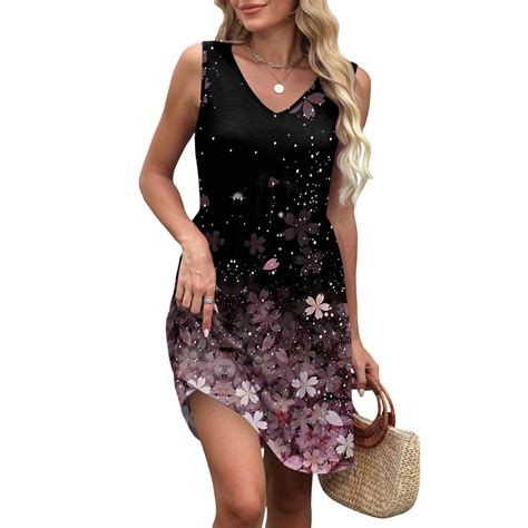 Wtobby Womens Retro Floral Print Sleeveless V Neck Casual Summer Dress