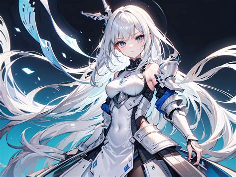 긴 흰색 머리와 파란색 배경에 검을 든 애니메이션 소녀 Seaart Ai