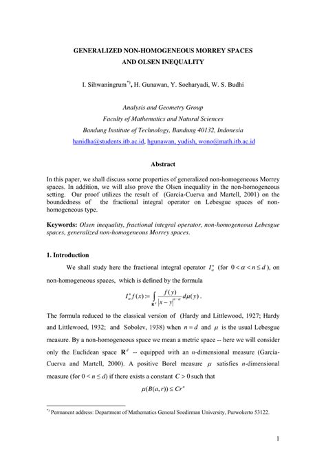 Pdf Generalized Non Homogeneous Morrey Spaces And Olsen Inequality