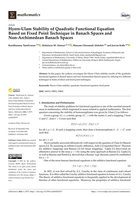 PDF Mathematics Hyers Ulam Stability Of Quadratic Functional Equation Based On Fixed Point