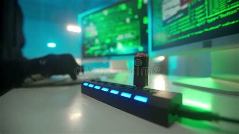 Hacker Is Typing On A Computer Keyboard And Cracking A Password Close Up Of A Flash Drive In A