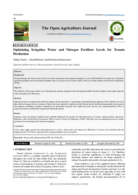 Pdf Optimizing Irrigation Water And Nitrogen Fertilizer Levels For Tomato Production
